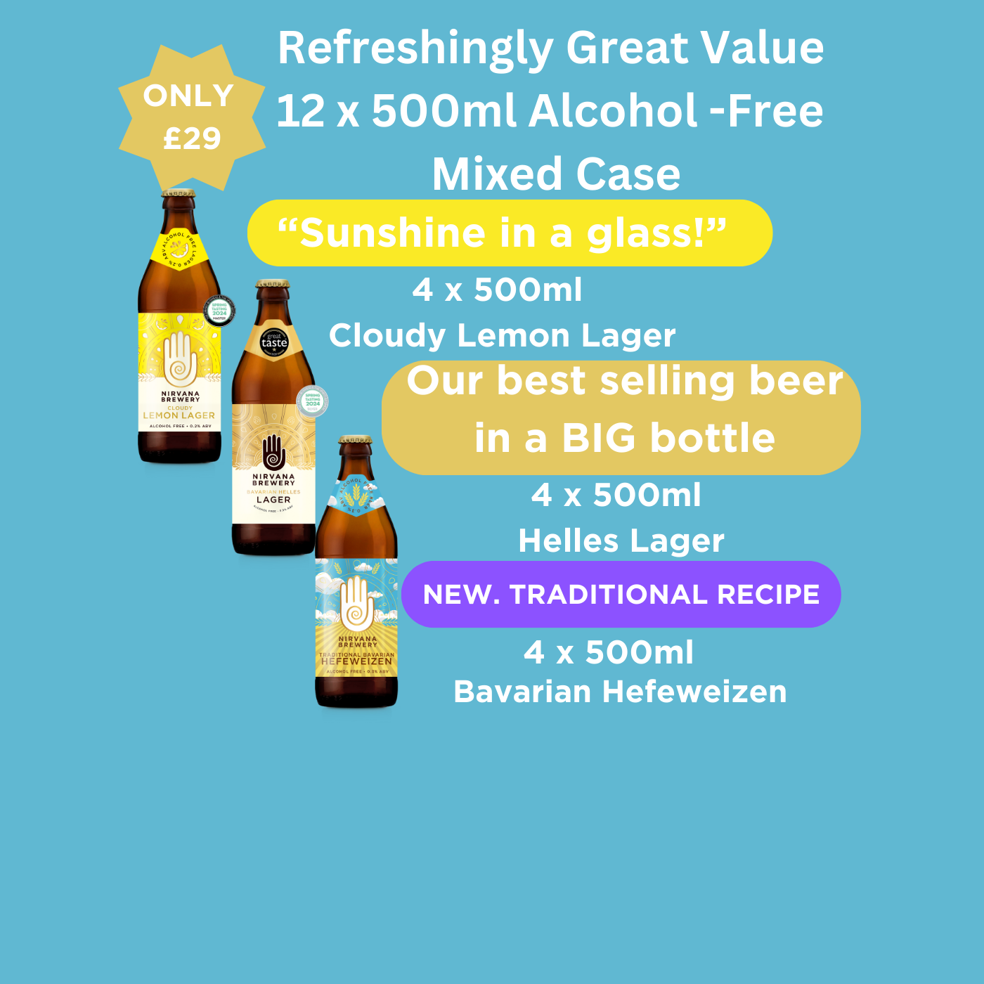 AWARD WINNING 12 x 500ml ALCOHOL-FREE BEERS MIXED CASE – Nirvana Brewery